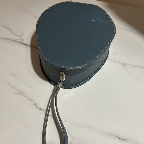 Bags | Vintage 197s Blue Leather Train Case Hat Box Clam Zipper Bag ...